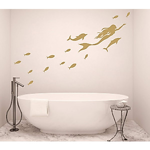 Yyart Mermaid Wall Decals, Fish Wall Stickers, Nautical Sea Ocean Dolphin Decal, Vinyl Sticker for Bathroom, Nursery Decor, Home Decor Art Mural A56 (Gold)