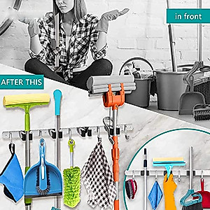 Zollyss Broom Mop Holder Wall Mount Stainless Steel Wall Mounted Storage Organizer Heavy Duty Tools Hanger with 5 Racks 4 Hooks for Kitchen Bathroom Closet Garage Office Garden-1Pc