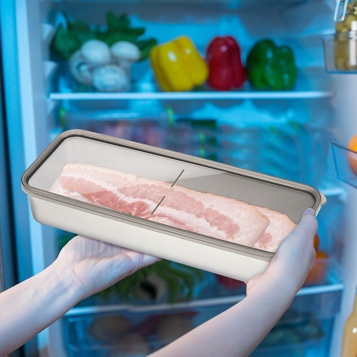 Zhehao 2 Pcs Bacon Container for Refrigerator, 304 Stainless Steel Deli Meat Storage Containers for Fridge, Airtight Bacon Storage Container with Lids, Bacon Saver Kitchen Meat Saver, Dishwasher Safe