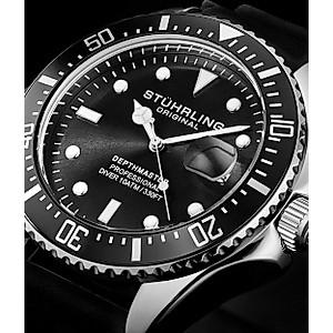 Stuhrling Original Men's Watch Dive Watch Silver 42 MM Case with Screw Down Crown Rubber Strap Water Resistant to 330 FT (Black)