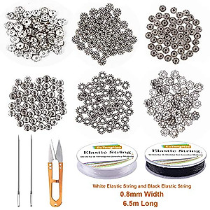 EuTengHao 605pcs Silver Spacer Beads 15 Style Jewelry Bead Charm Spacers Alloy Spacer Beads Kit for Jewelry Making DIY Bracelets Necklace Crafting Tools Kit with 2 Crystal Cable 2 Needles 1 Scissor
