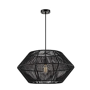Globe Electric 65470 1-Light Chandelier, Matte Black Natural Twine, Mate Black Canopy and Socket, Designer Black Cloth Hanging Cord. Adjustable Height, Home Decor Lighting, Hygge, Bulb Not Included
