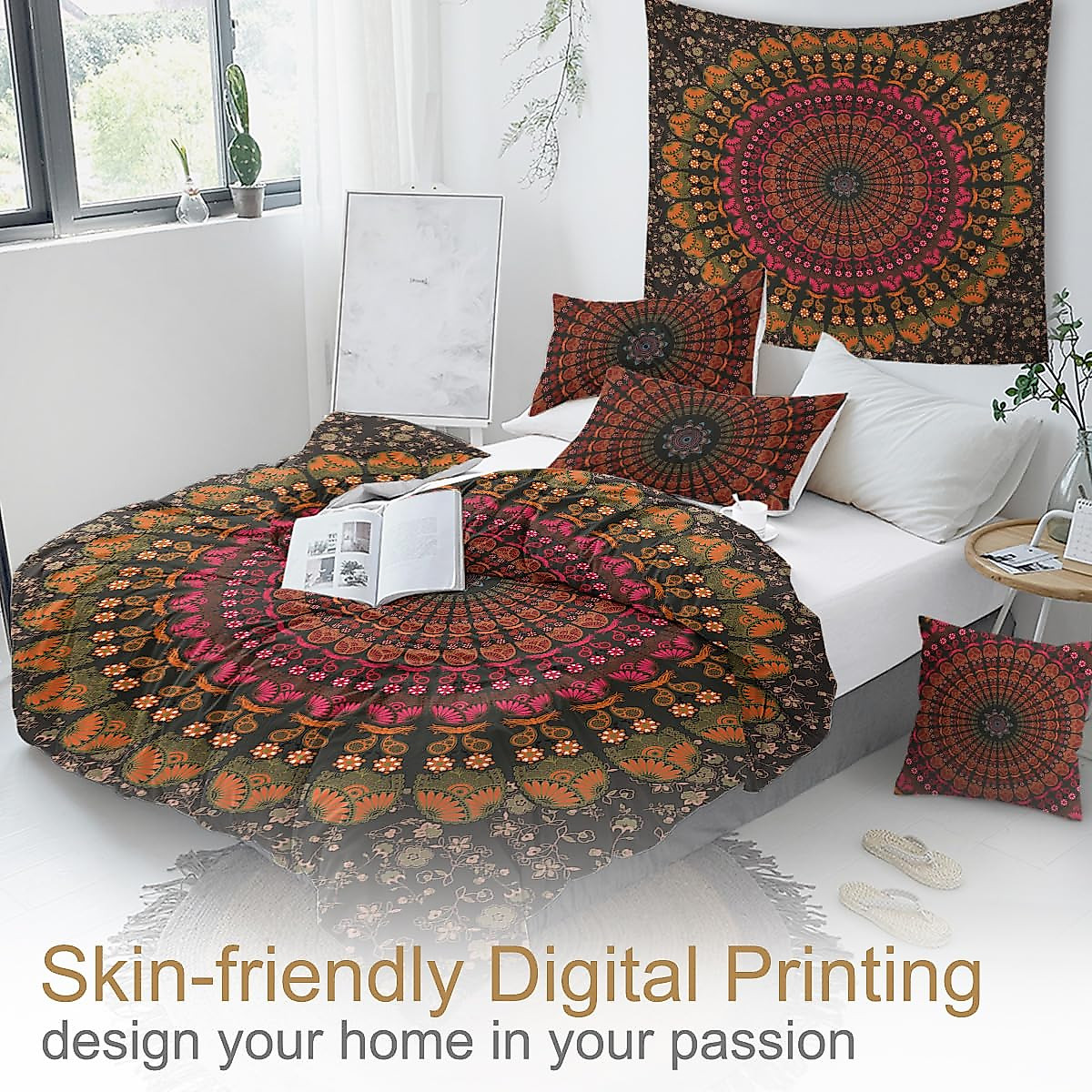 Sleepwish 4pcs Bohemian Duvet Cover Set Full Size for Kids Boys Girls Soft Paisley Black Orange Mandala Bedding Set, 1 Duvet Cover 2 Pillowcases 1 Cushion Cover