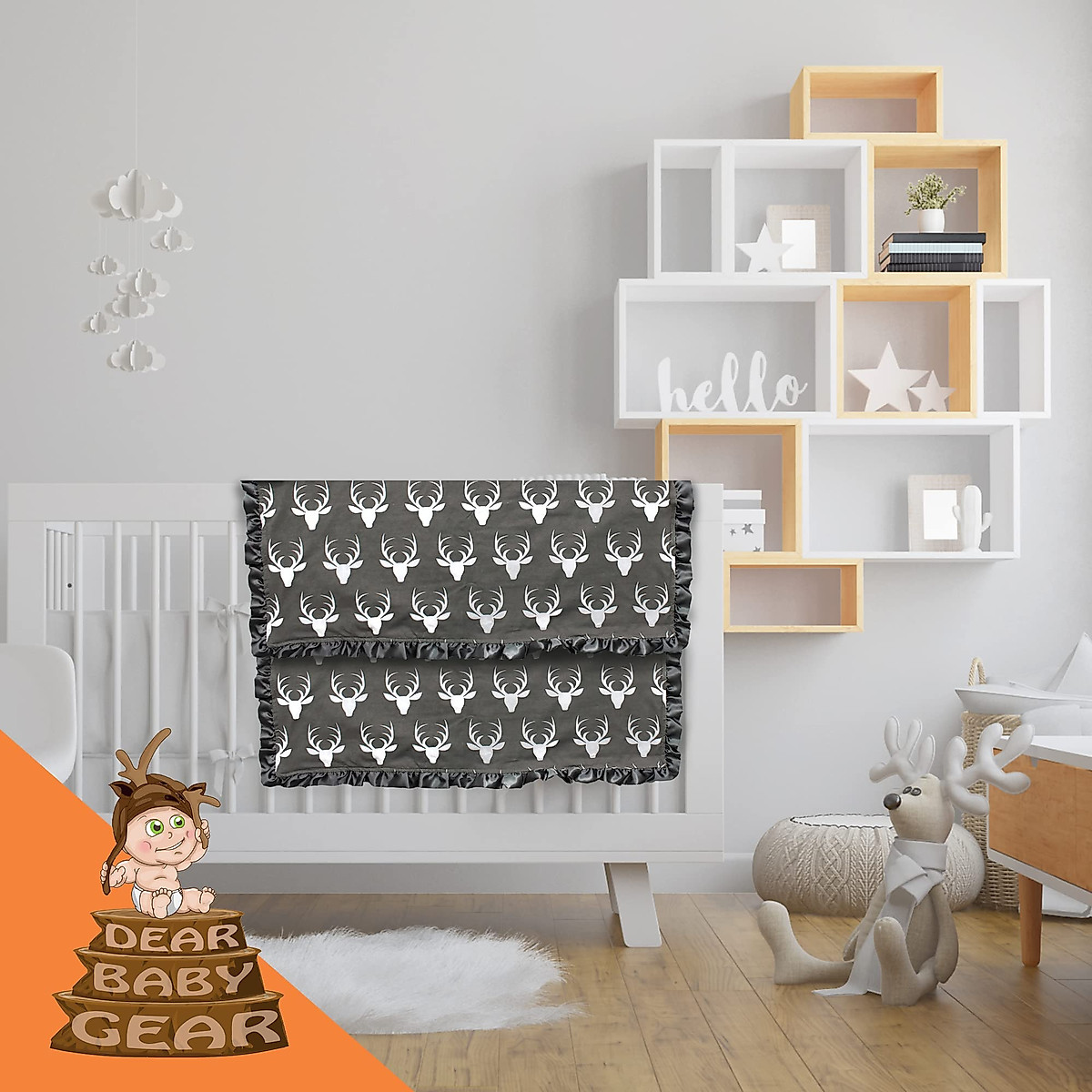 Dear Baby Gear Deluxe Double Layer Baby Blanket - Gender Neutral Infant Blankets for Girls & Boys - Nursery Blanket for Newborn - Faux Quilt Soft Toddler Blankets - Antlers Grey with Ruffles