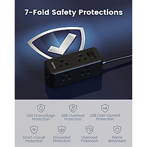 Power Strip Surge Protector with USB, SUPERDANNY Mini Flat Plug Extension Cord with 6 Widely Space Outlets & 3 USB Ports 5 Ft, Wall Mount, Compact & Small Charging Station for Office/Travel, Black