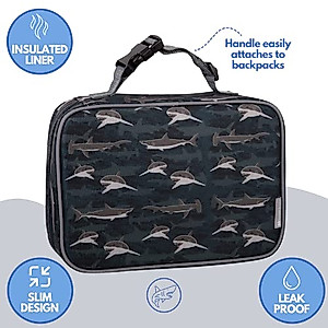 Kids Lunch Bag Set (Sharks) w Reusable Hard Ice Pack & Double-Insulated Food Jar for Drinks or Soups - Perfect Lunchbox Kits for Boys and Girls Back to School, Keeps Food Hot or Cold for Longer