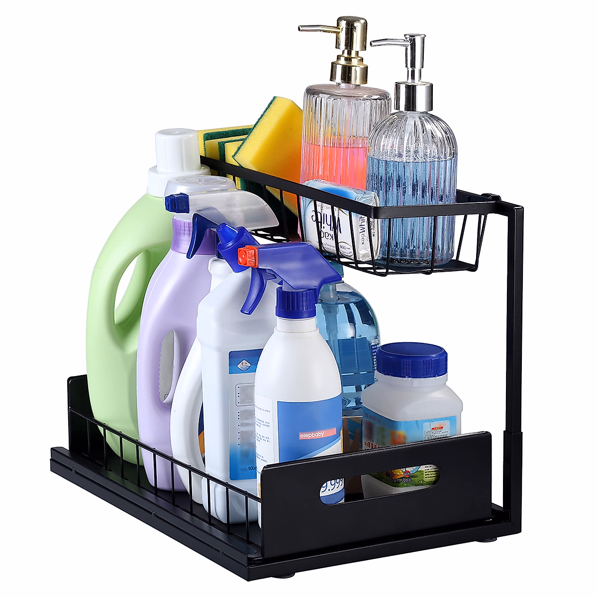 SUTINE Under Sink Organizer, 2 Tier L-Shape Bathroom Organizer Under Sink Organizers and Storage, Sliding Under Cabinet Organizer Storage Shelf for Kitchen Bathroom, Black