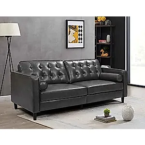 ATY 3-Seater Leather Sofa with Two Bolster Pillows and Tufted Backrest, Mid-Century Modern Couch, Luxury Style for Apartment, Meetingroom, Livingroom, 85inch, Dark Gray