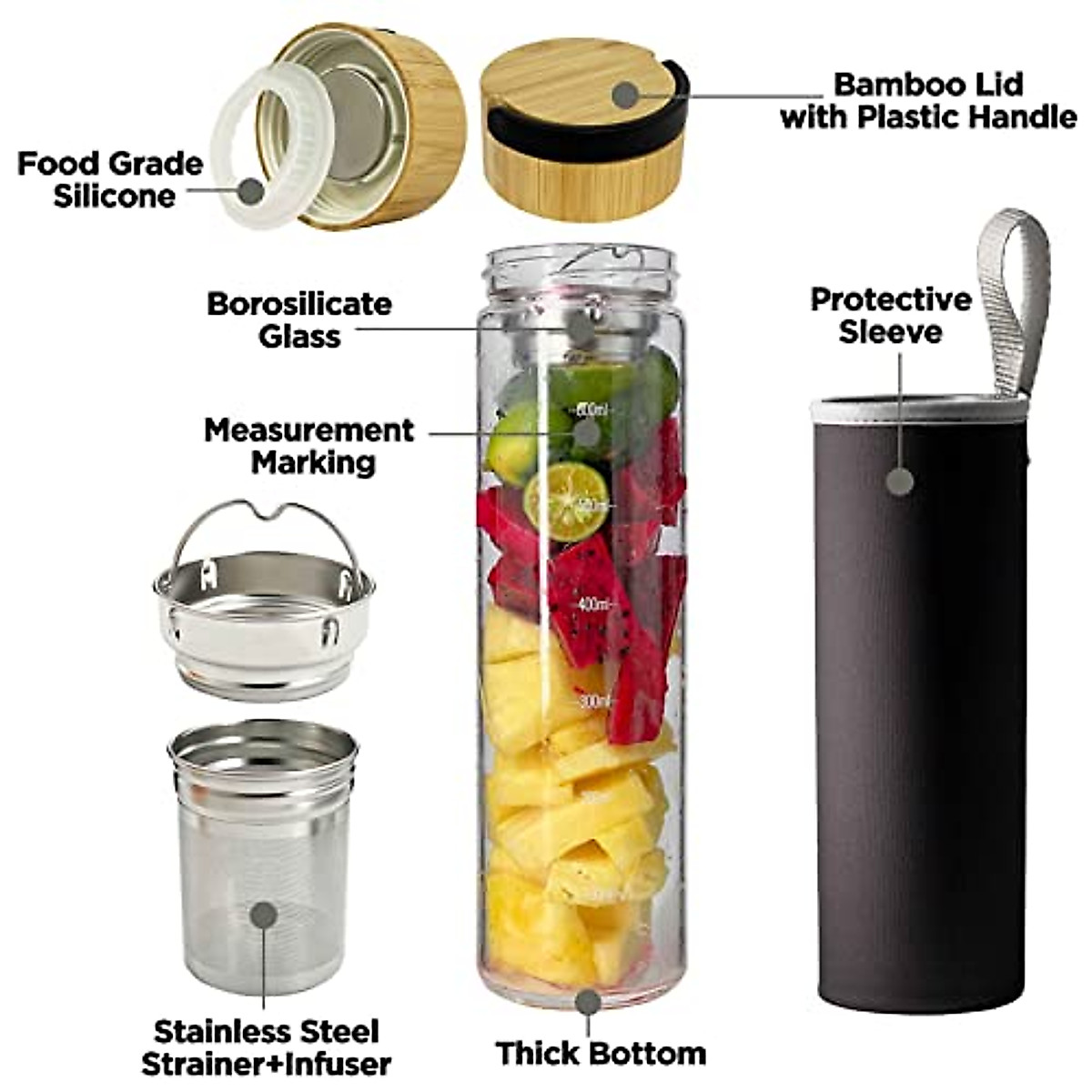 ameiin 23oz Borosilicate Glass Water Bottles with Bamboo Lid and Neoprene Sleeve for Loose Leaf Tea and Fruit Infused Water - Cold Brew Coffee Maker - Tea Infuser Bottle with Strainer - Glass Tumbler