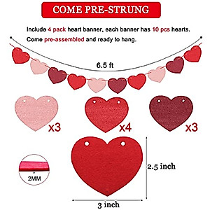 JOZON 4 Pack Felt Heart Valentine’s Day Garland Banner Valentines Day Heart Decorations for Anniversary Wedding Engagement Party Home Office Wall Decorations Supplies (Red, Pink and Dark Red Color)