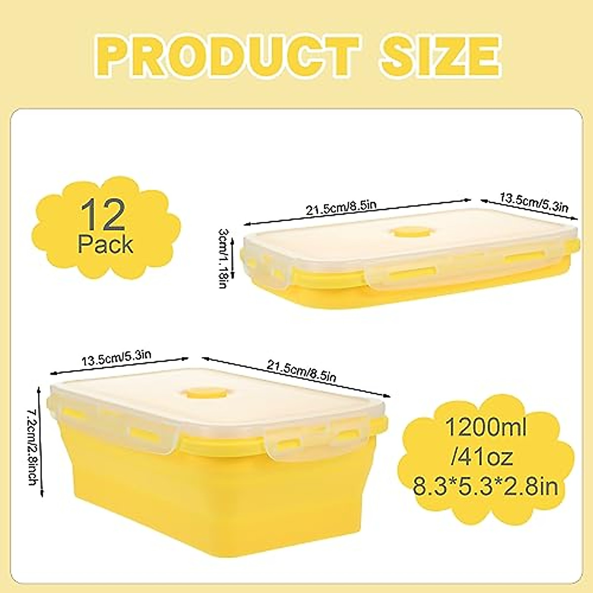 Mifoci 12 Pcs Collapsible Food Container 41 oz Silicone Containers Square Collapsible Bowls with Lids RV Lunch Prep Food Storage Collapsible Bowl for Camping Microwave Freezer Dishwasher Safe (Yellow)