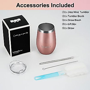 Waipfaru Wine Tumbler, 14 Oz Insulated Wine Tumbler With Lid and Straw, Stainless Steel Stemless Cup, Double Wall Vacuum Wine Tumbler for Wine Coffee Cocktails Champagne (Rose Gold)