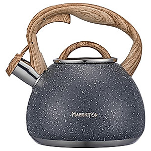 MARSKITOP Tea Kettle Stovetop Whistling Tea Pot for Stove Top, Stainless Steel Tea Kettle Teapot with Wooden Pattern Handle, 2.6 Quart, Gray