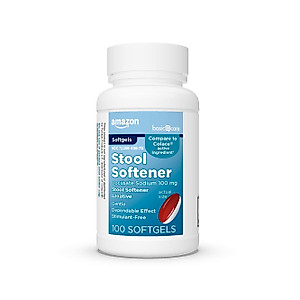 Amazon Basic Care Stool Softener Laxative, Docusate Sodium 100 mg, Softgels, For Constipation Relief, 100 Count