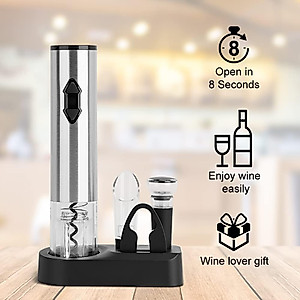 CIRCLE JOY 5-in-1 Electric Wine Opener Gift Set Stainless Steel Electric Wine Bottle Opener Battery Operated Corkscrew with Foil Cutter, Wine Pour, Wine Stopper and Storage Base, Silver
