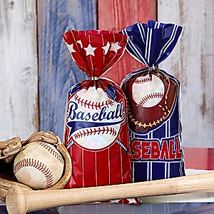 HOTOP 100 Pcs Baseball Cellophane Bags Baseball Party Favors Baseball Gift Treat Bags Baseball Goodie Candy Snack Bags with Ties Baseball Birthday Party Decorations Supplies Baby Shower Party Serves