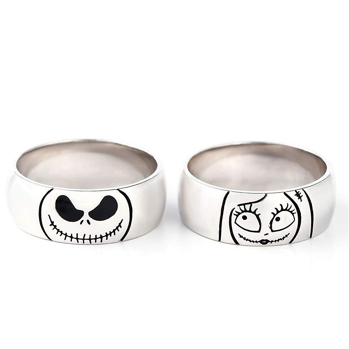 Jeulia Jack Skellington and Sally Couple Rings 925 Sterling Silver Women Men Band Set Halloween Jewelry Anniversary Promise Rings for Him and Her with Jewelry Gift Box (Women, 7)