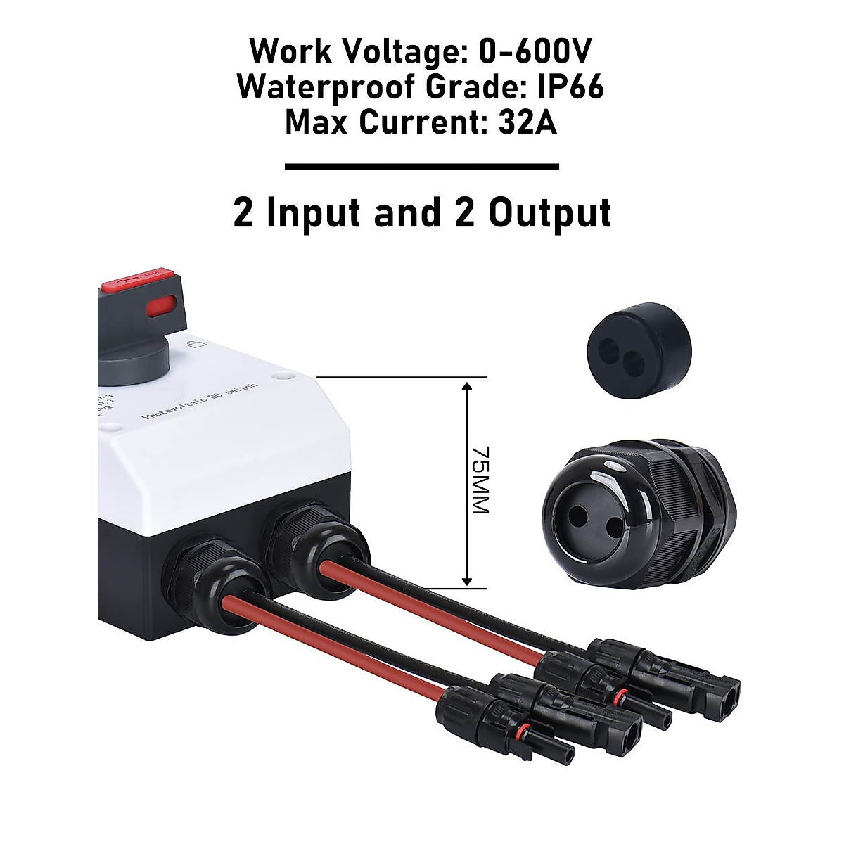 DIHOOL Solar Panel Disconnect Switch, 2x32 Amp 2 String DC 1200V 2 in 2 Out, IP66 PV Combiner Box