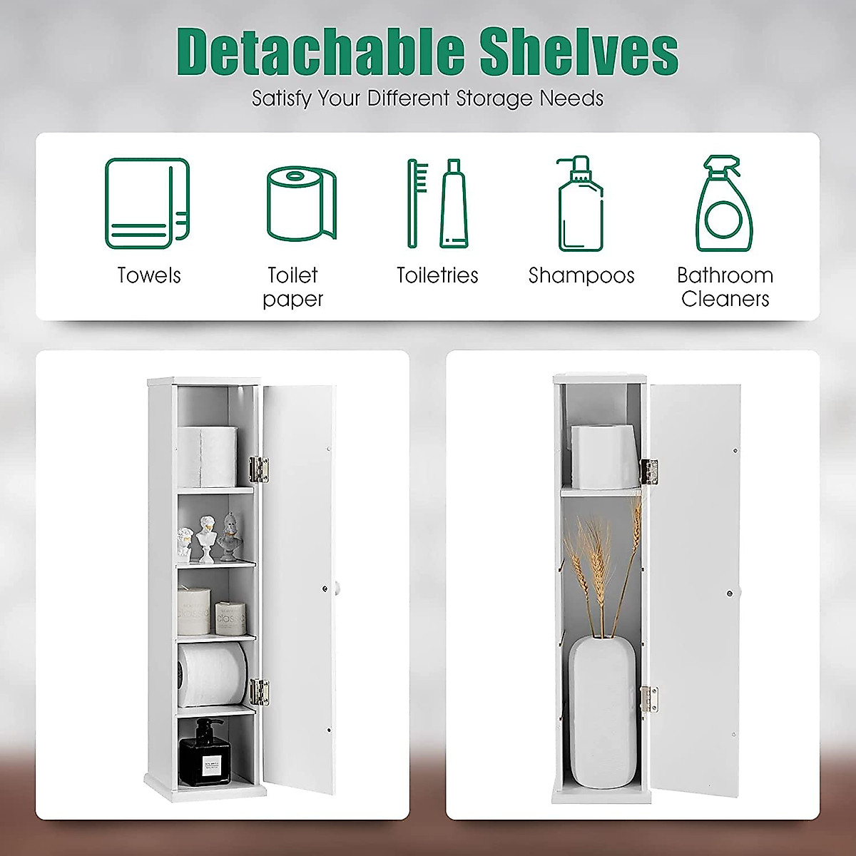 LUARANE Toilet Tissue Storage Tower, Toilet Paper Holder Stand with 4 Detachable Shelves Top Slot, Free Standing Paper Storage Organizer with Door, Floor Cabinet for Bathroom Kitchen, White