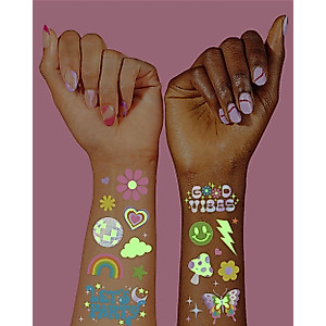 xo, Fetti Groovy Disco Glow in Dark + Foil Temporary Tattoos - 82 pc | Flower Power Birthday Party Supplies, Rave Bachelorette Party Favors, Smiley Decorations, Y2K, Rainbow Arts and Crafts