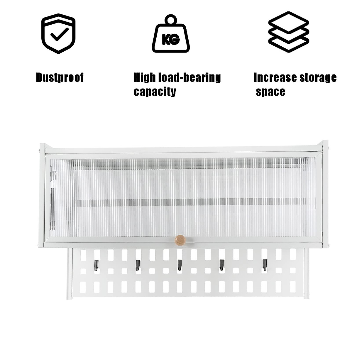 Gdrasuya10 Wall Mounted Storage Cabinet Modern Hanging Kitchen Wall Cabinet Organizer with Storage Shelf and Hooks Wall-Mounted Locker with Glass Door for Kitchen Dining Living Room Bathroom, Black