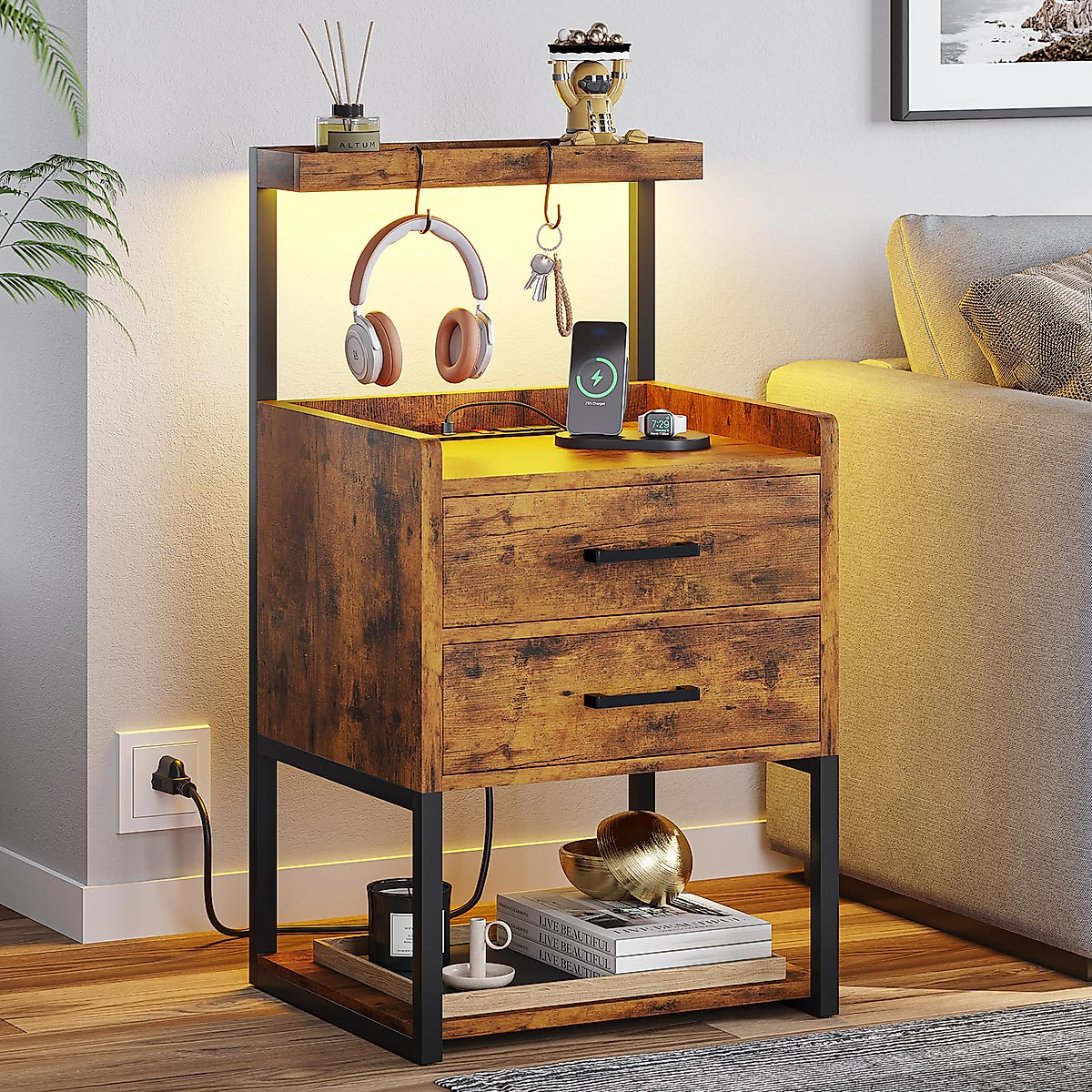 VIAGDO Nightstands Set of 2 with Charging Station, LED Night Stand with 2 Drawers, Rustic Brown Modern Bedside Tables with Open Storage Shelves, End Side Tables for Bedroom, Office