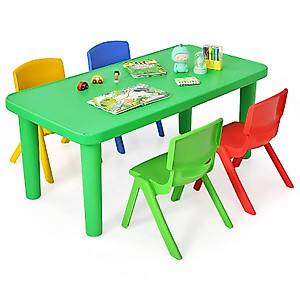 HONEY JOY Kids Table and 4 Chair Set, 48 x 24 Inch Children Rectangular Study Table w/Stackable Seats, 4 Pcs Plastic Activity Toddler Furniture Set for Playroom Daycare, Gift for Boys Girls (Colorful)