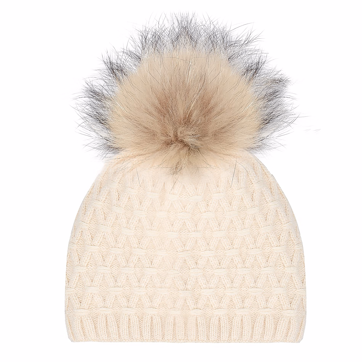 FXBSQF Women Double Cashmere Beanie,Pom Pom Beanie,Real Raccoon Bobble Beanie,Winter Warm Knitted Leisure Ski Cap,Detachable (White)