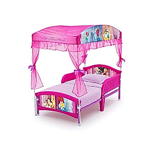 Delta Children Canopy Toddler Bed, Disney Princess + Delta Children Twinkle Galaxy Dual Sided Recycled Fiber Core Toddler Mattress (Bundle)