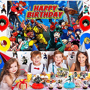 53Pcs Kids Birthday Party Supplies Decorations Include 1Pc 5*3FT Backdrop, 1Pc Banner, 6Pcs Hanging Swirls, 1Pc Cake Topper, 24Pcs Cupcake Toppers, 2Pcs Honeycomb Centerpieces, 18Pcs Latex Balloons