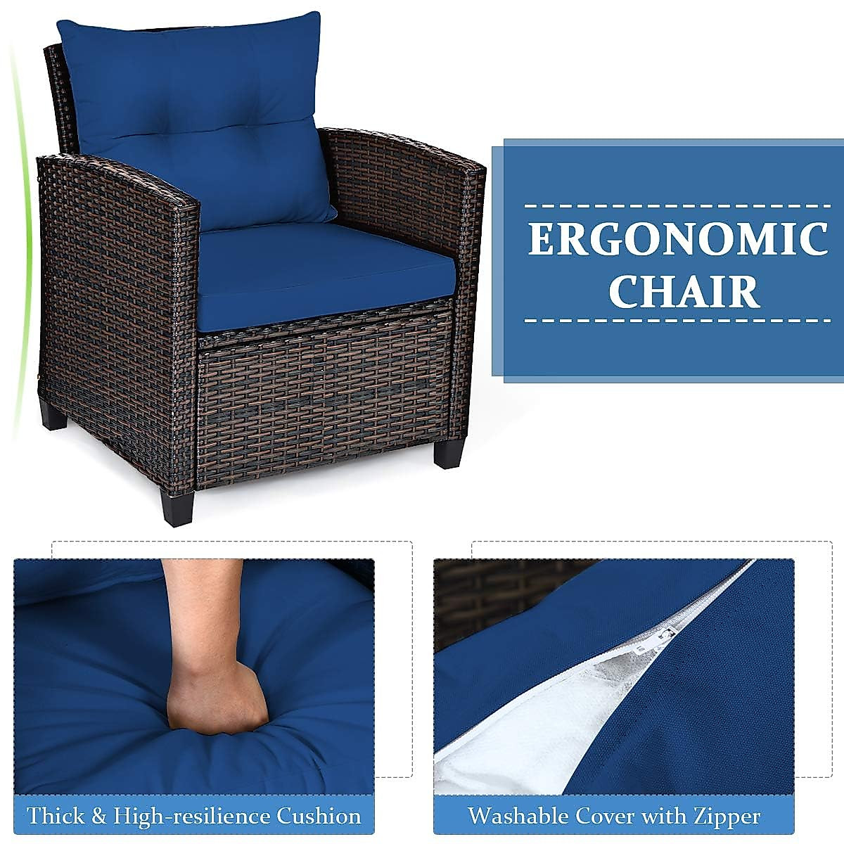 DORTALA 3 Pieces Patio Furniture Set, Outdoor Wicker Rattan Conversation Sofa Set with Cushion, Tempered Glass Top Table for Backyard Porch Garden Poolside Balcony, Navy