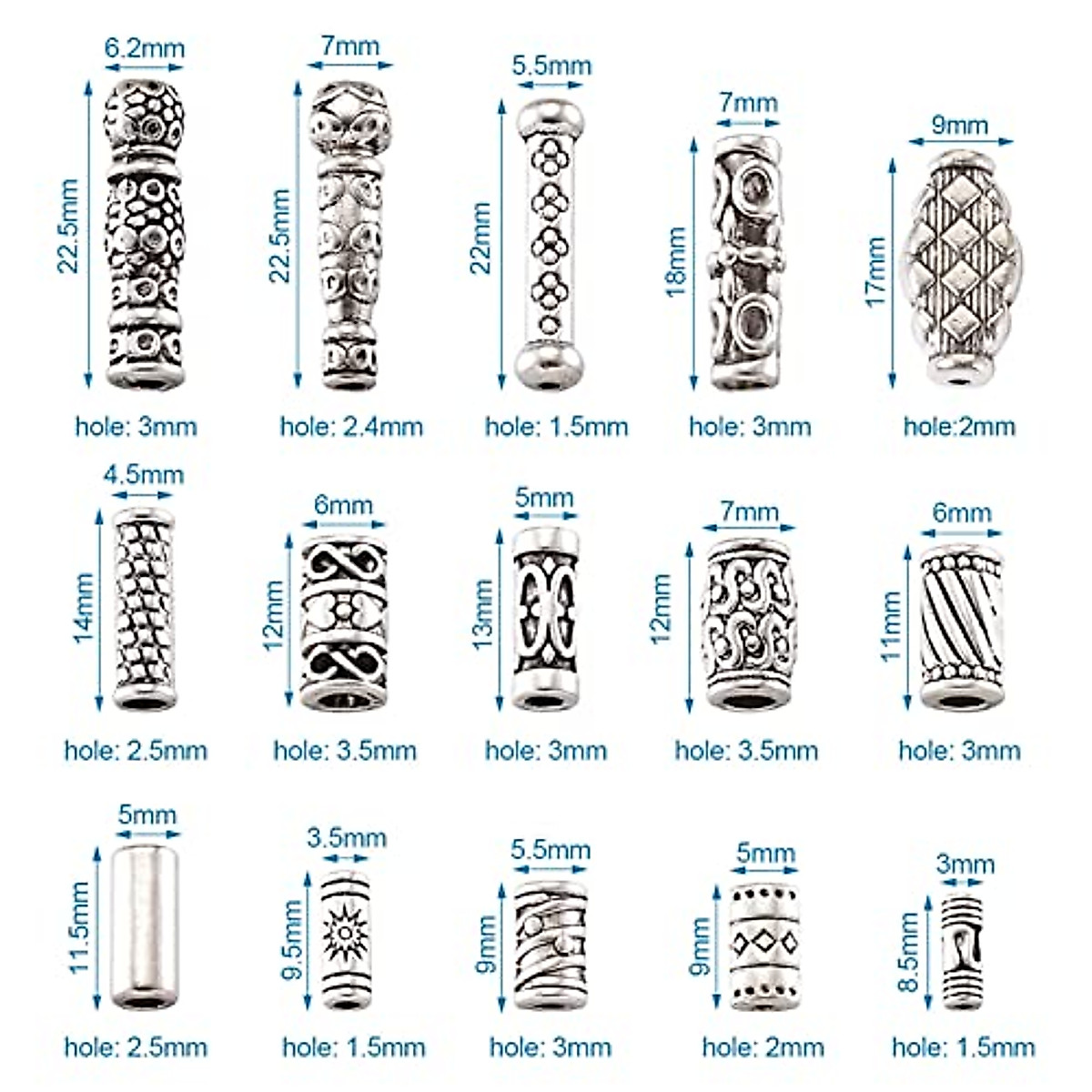 KISSITTY 150pcs/box 15 Style Antique Silver Tibetan Spacer Tube Beads Alloy Metal Charms for Bracelet Necklace Jewelry Making