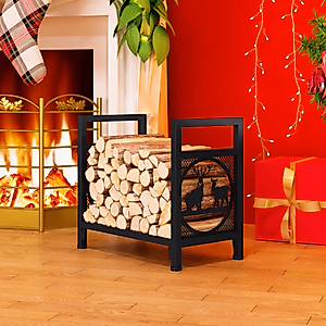 JINLLY Firewood Rack, 17.7 Inch Log Wood Storage Rack Holder with Elk Design, Adjustable Foot Pads and Handle, Outdoor Indoor Iron Fire Wood Rack Holder for Fireplace