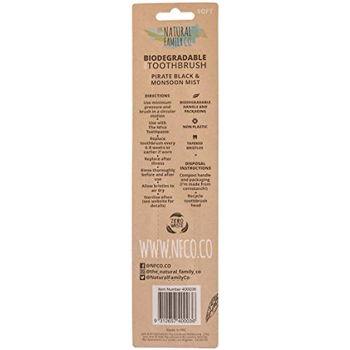 The Natural Family Co. Bio Toothbrush, Soft Nylon Bristles with Non GMO Cornstarch Handles, Plastic Free Packaging and Pirate Black and Monsoon Mist Twin Pack