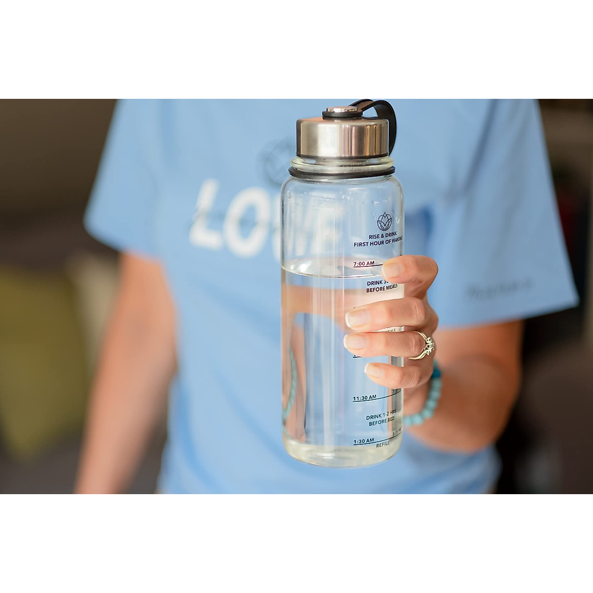 Love Yourself Wellness 40oz.Glass Water Bottle with Sleeve Motivation and Teaching times when to Drink Wide Mouth Stainless Steel Filter Attached lid Hydrating Sport Water Bottle Protective Sleeve