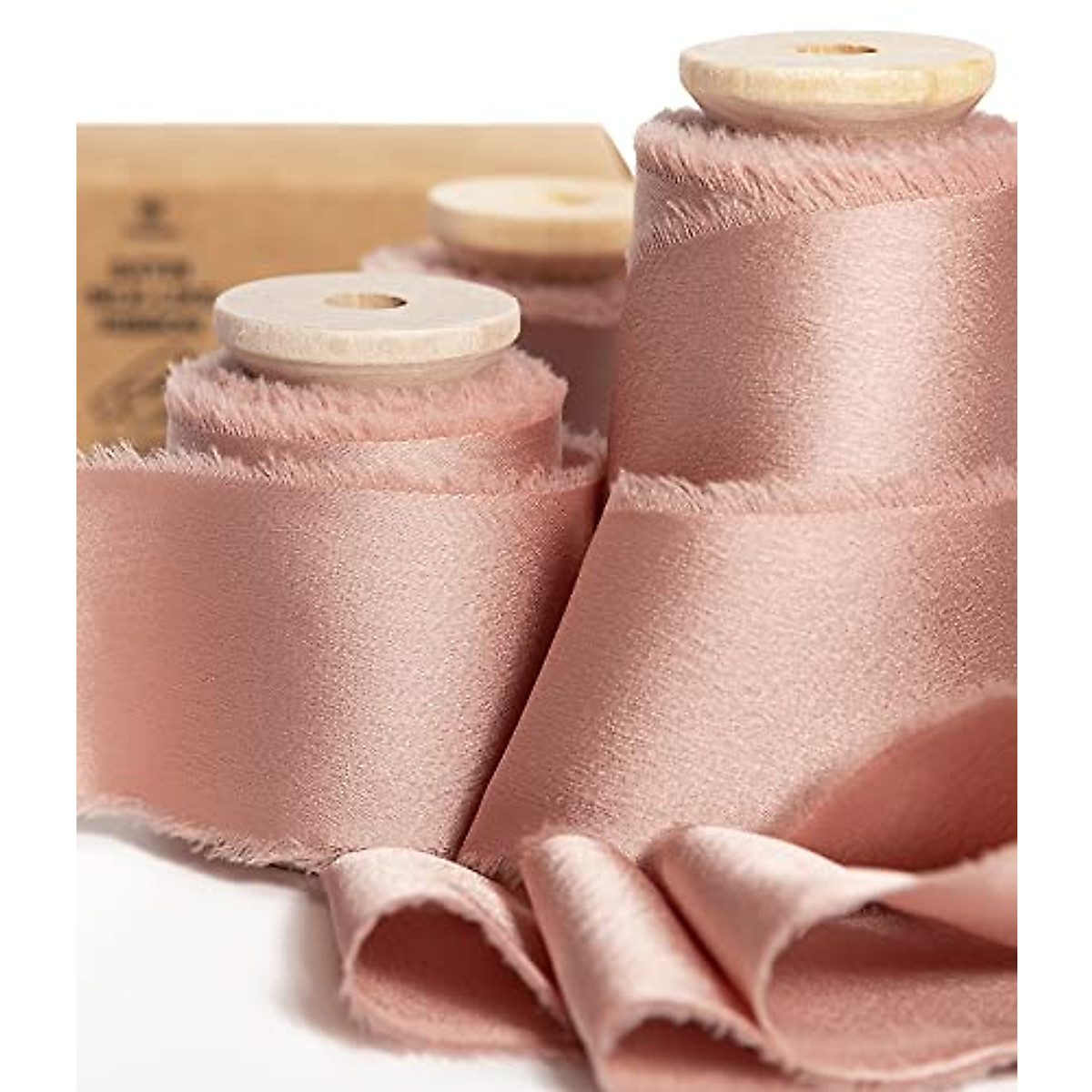 Vitalizart Pink Silk Satin Ribbon 1-1/2 inch x 15 Yard with Wooden Spool Rose Gold Handmade Frayed Ribbons for Gift Wrapping Baby Shower Wedding Bridal Bouquets Holiday Decor