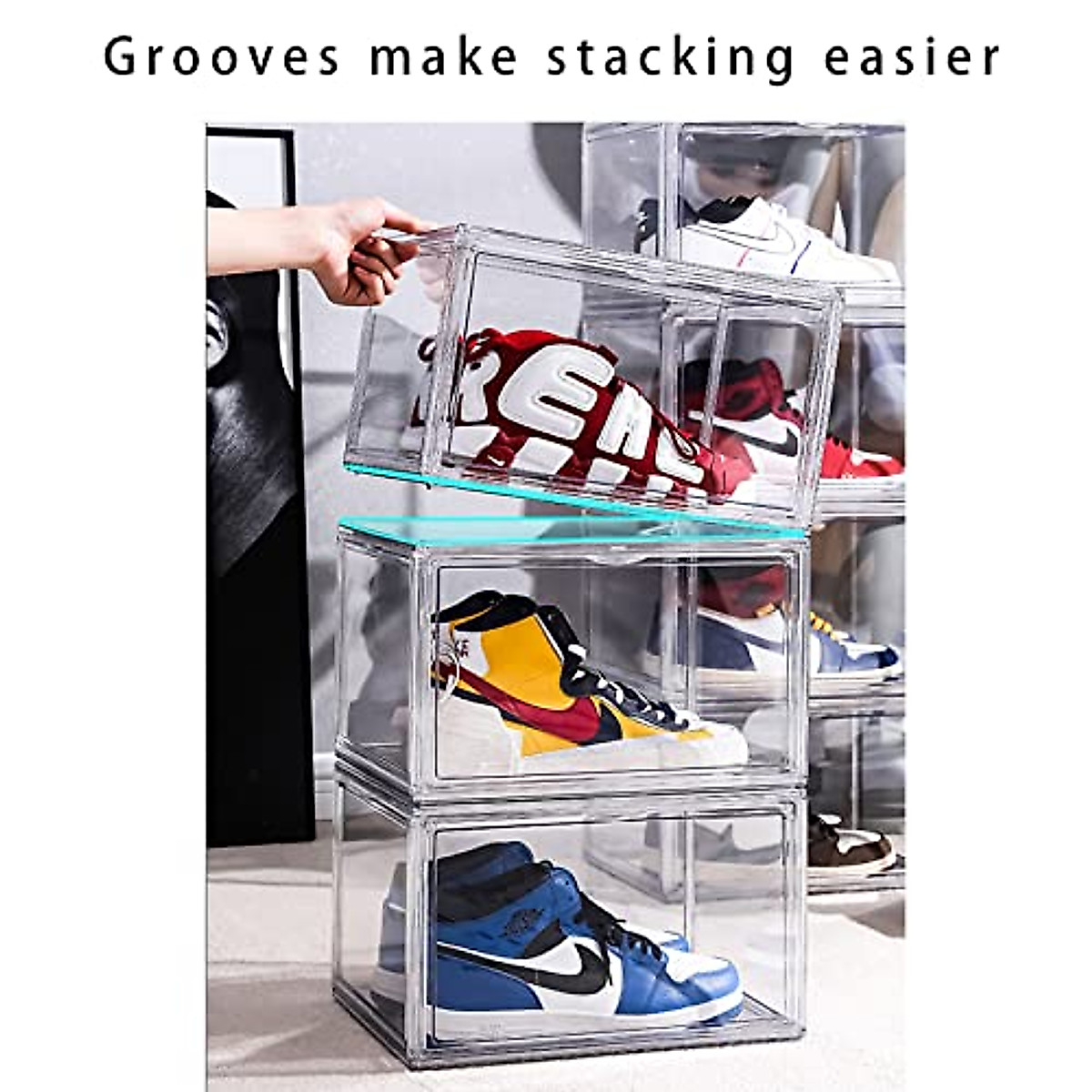 GQHNLUP Shoe Display Case 10 Pack,Shoe Boxes Clear Plastic Stackable Strong and Sturdy Acrylic Shoe Display Magnetic Door (14.2 X 11.0 X 8.7in)