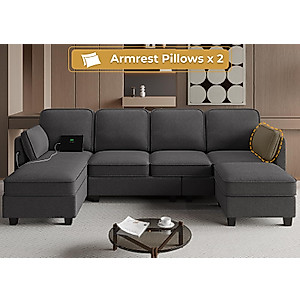 Brinlawb 113'' Sectional Couches with Storage Seats and USB Ports U Shaped Convertible Sofa Couch with Reversible Chaise Chenille Modular Sectional Sofa Couches with Ottomans for Living Room,Grey