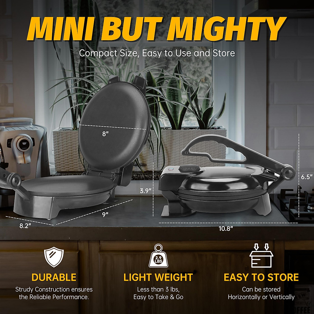 FineMade 8'' Electric Tortilla Maker Machine, Compact Roti Maker, Maquina Para Hacer Tortillas, Electric Tortilla Press, Prensa Para Tortillas, Crepe Maker, Recipe Included, Matte Black