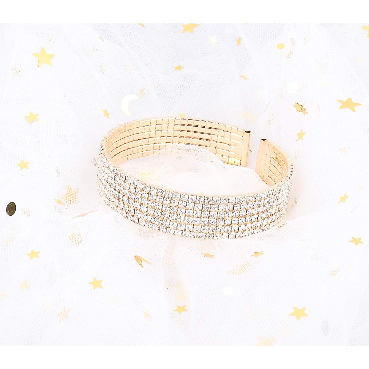 AZFEIYA 18k Rose Gold Plated Cubic Zirconia Cuff Bangle Sparkly Rhinestone Bridal Wedding Statement Bracelet (Gold)