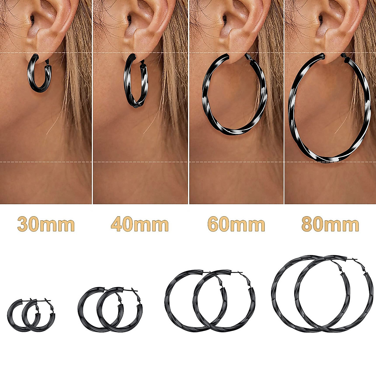 Bestyle 40mm Medium Black Twisted Hoop Earrings for Gilrs, Daliy Wear Minimalism Jewelry, Gift for Mom Mother Wife Daughter Girlfriends