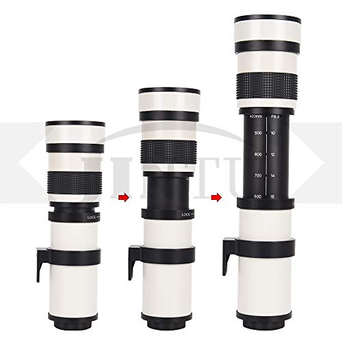 JINTU 420-1600mm 800mm f/8.3 Manual Zoom Telephoto Lens + T-Mount for Canon EOS DSLR Cameras 4000D 2000D 1200D T7 T7i T6 T6i T5 T5i SL2 80D 77D 700D 70D 60D 50D 5D 6D 7D 600D 550D White