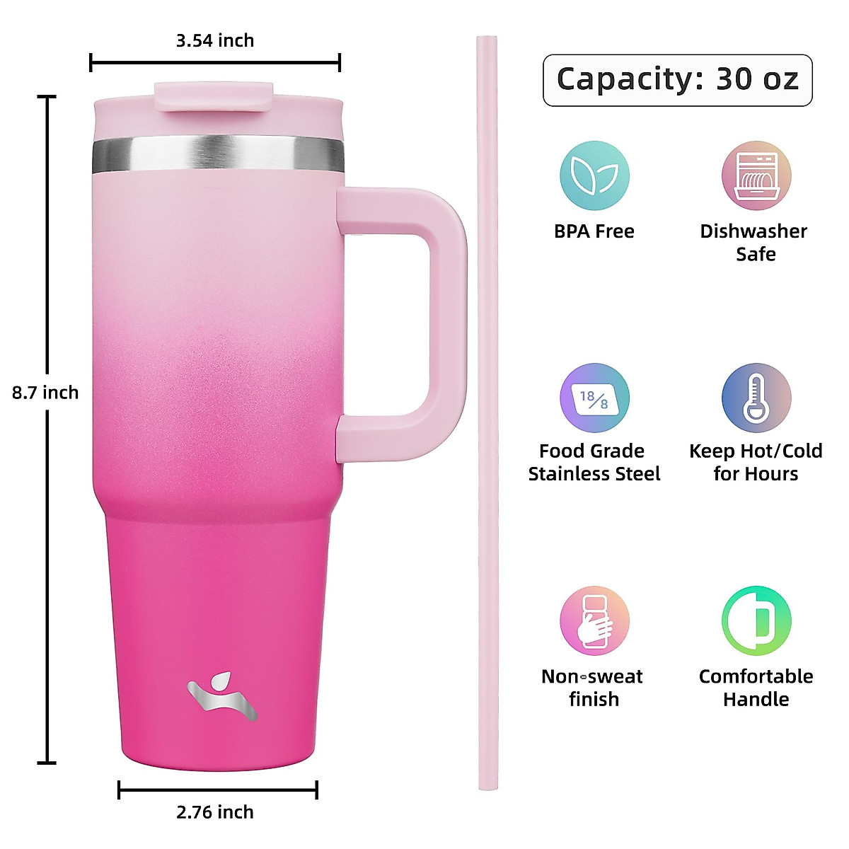 Konokyo 30 oz Tumbler with Handle and 2 Straws,2 in 1 Lid Insulated Water Bottle Stainless Steel Travel Coffee Mug,Cherry Blossoms
