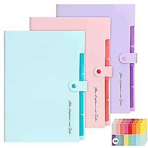EOOUT 3pcs Expanding File Folder, A4 Letter Size Accordion Folder with 48pcs Labels in 16 Colors for School and Office Organization, 5 Pockets for School and Office Supplies