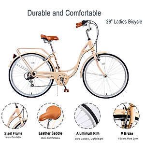 WEEROCK 26 Inch Adult Cruiser Bike Ladies Bicycle Shimano 7 Speeds Steel Frame Commuter Bike for Women, Men, Seniors,Multi Colors,Beige