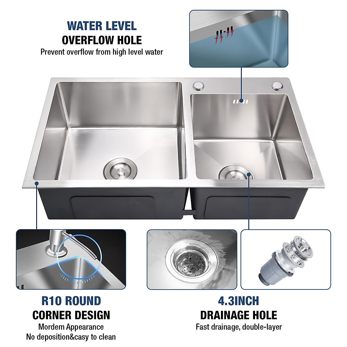 DuyviSteil T-304 Modern Nano-Coated Stainless Steel Kitchen Sink, Drop in & Topmount Double Bowl Sinks with Drainage Pipes and Fruit Baskets (30.7 x 16.9)