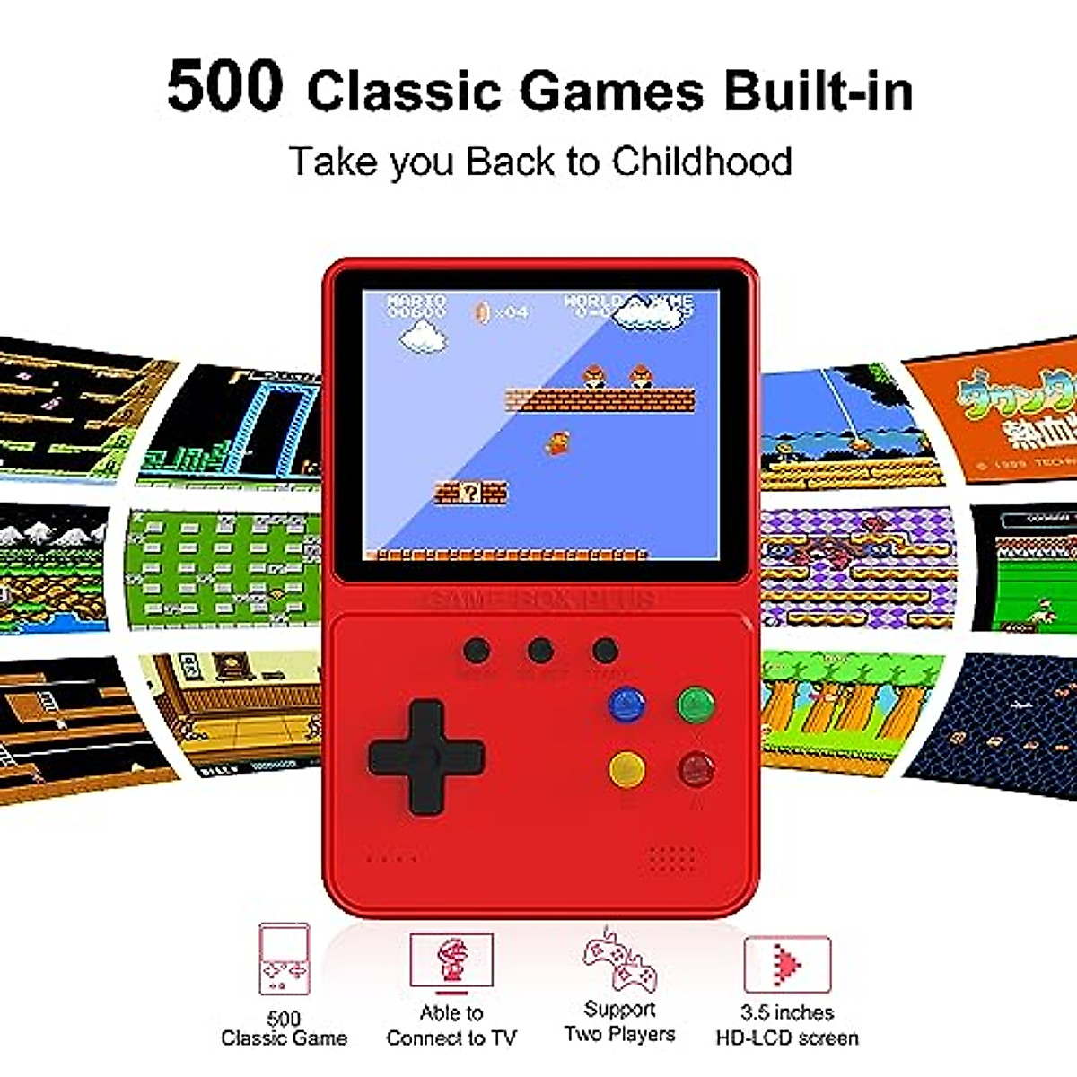 Heiko Retro Portable Handheld Game Console to Experience 500 Classic Games Anytime Anywhere, 3.5In Screen Video Game Console 1200mAh, Handheld Video Game Support for Connecting TV & Two Players(Red)