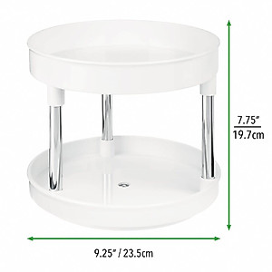 mDesign 2 Tier Lazy Susan Turntable Food Storage Container for Cabinets, Pantry, Fridge, Countertops - Raised Edge, Spinning Organizer for Spices, Condiments - 9" Round - White/Chrome