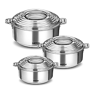 Milton Thermosteel Galaxia Insulated Hotpot Casseroles, Set of 3, Stainless Steel (1000ml, 1500ml, 2500ml)