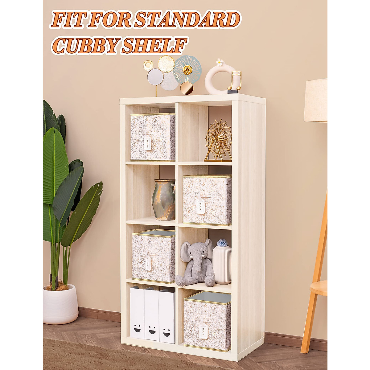 DAMAHOME Collapsible Storage Cube Bins - Fabric Cubby Organizer,Gold Flower Decorative Shelf Basket Dual Handles,11 Inch Metallic Box For Nursery/Home Office/Closet/Kids Room/4-Pack(Flower Gold)